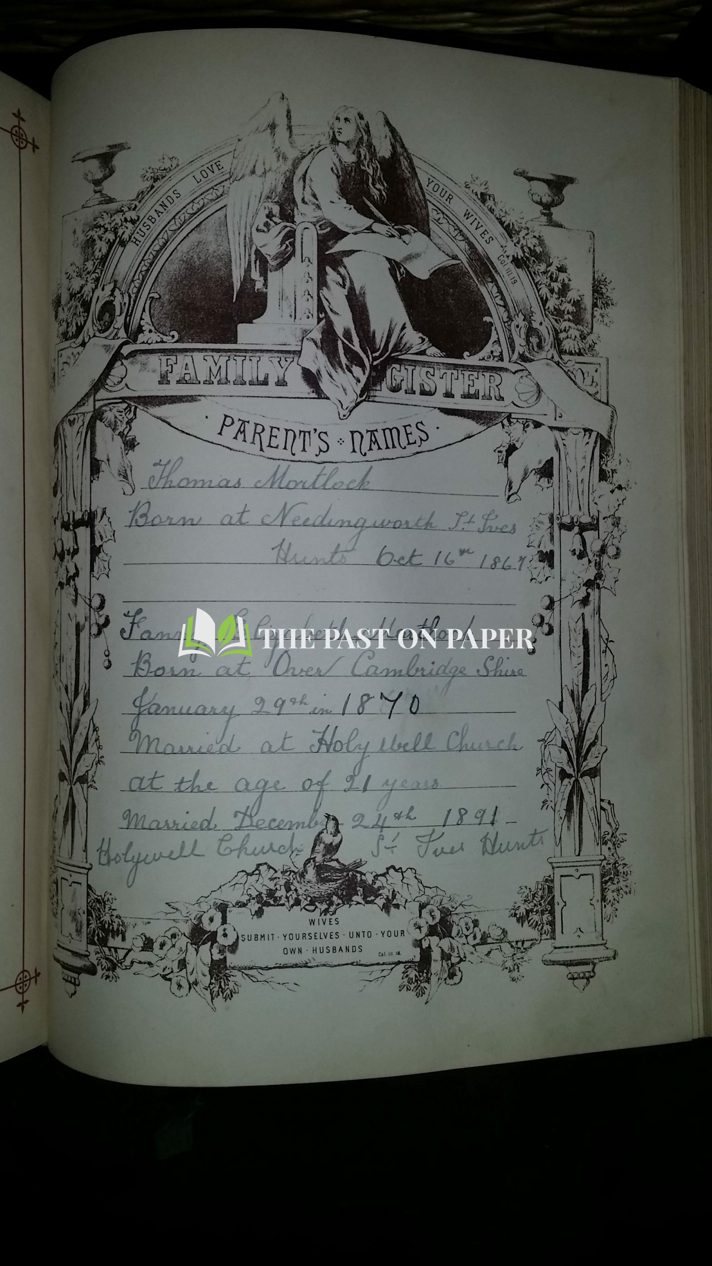 Family Bible of Thomas and Fanny Mortlock of Cambridgeshire, 1891 ...